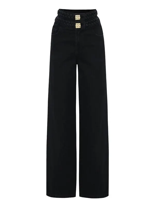 EXQUISE Ardelle Wide Leg Denim Pants - Black