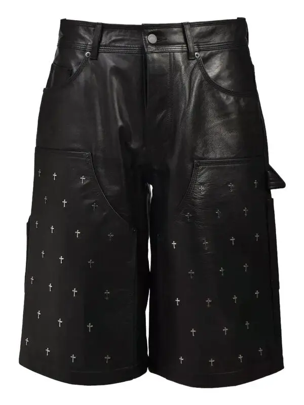 LAST NEST Leather Double-knee Shorts - Black