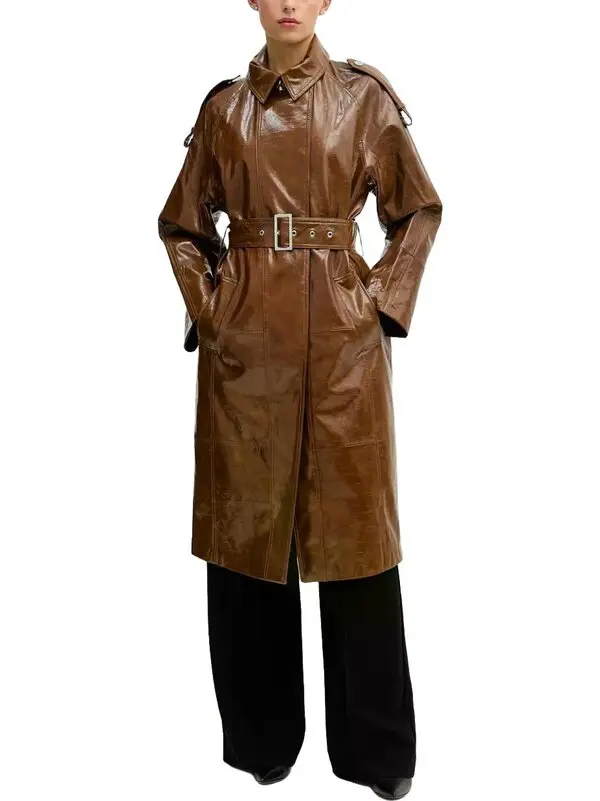 Sisley Belted Crinkled-finish Coat - Brown