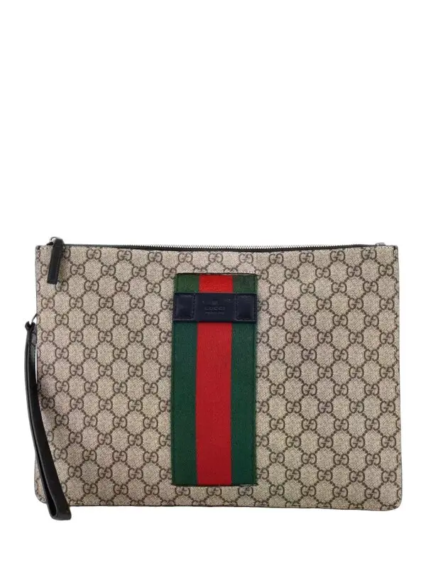 Gucci Web Wristlet Gg Coated Canvas Clutch Bag - Brown
