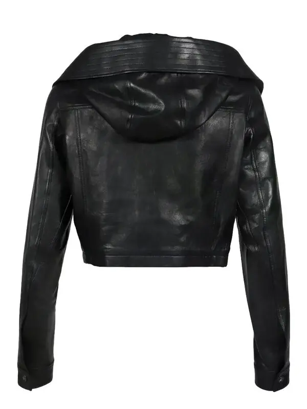 DET BLEV SENT Cropped Hooded Leather Jacket - Black