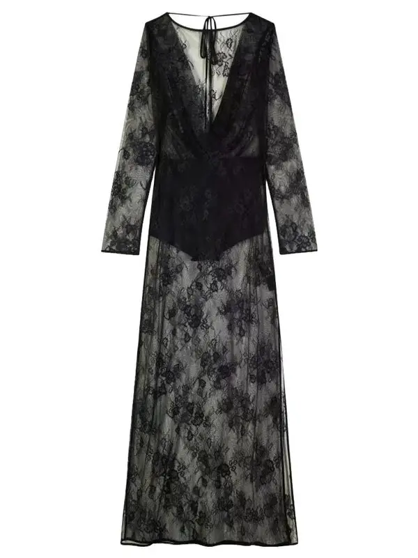 Patrizia Pepe Floral-lace Long-sleeve Maxi Dress - Black