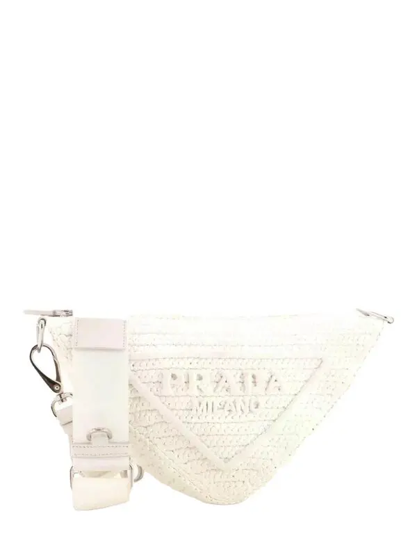 Prada Triangle Logo Zip Crochet Raffia Small Crossbody Bag - White