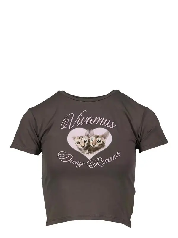 VIVAMUS Cats Graphic-print Cropped T-shirt - Grey
