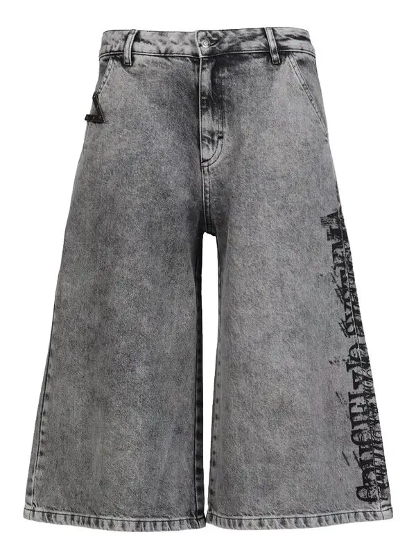FINE CHAOS Stone-washed Screen-print Denim Shorts - Grey