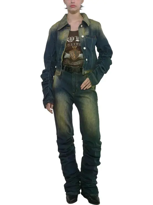 VIVAMUS Bleached Ruched-sleeve Denim Jacket - Blue