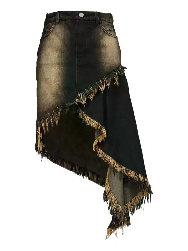 VIVAMUS Asymmetric Frayed Denim Mini Skirt - Black