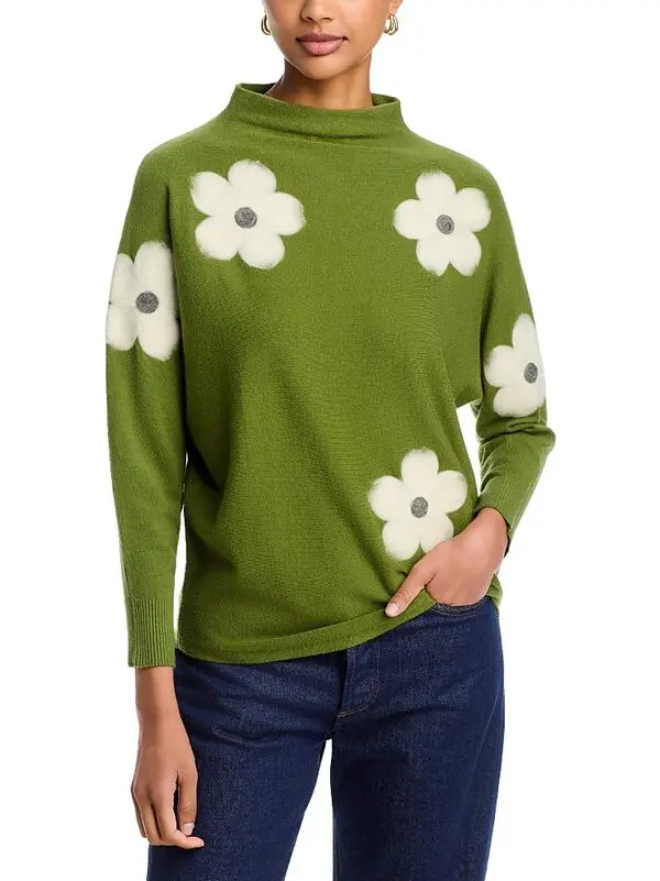 SIONI Embroidered Funnel Neck Sweater - Cedar Green
