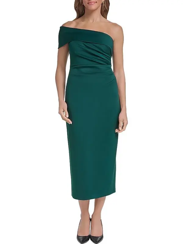 Eliza J One Shoulder Side Pleat Midi Dress - Hunter