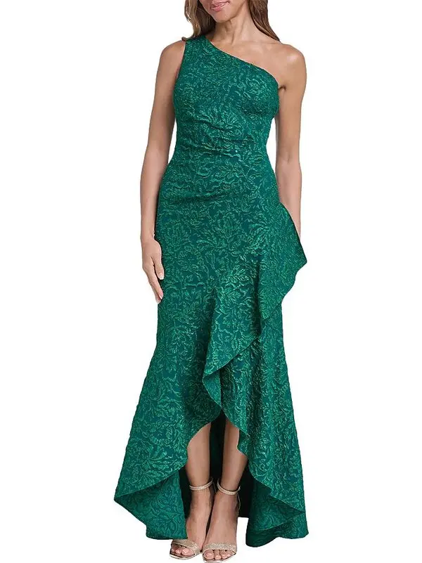 Eliza J One Shoulder Side Pleat Ruffle Hem Gown - Hunter