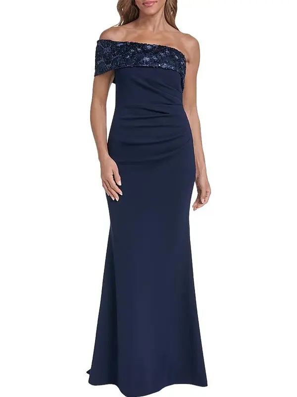 Eliza J One Shoulder Side Pleat Gown - Navy
