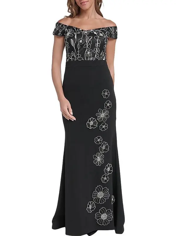 Eliza J Embroidered Off-the-shoulder Gown - Black