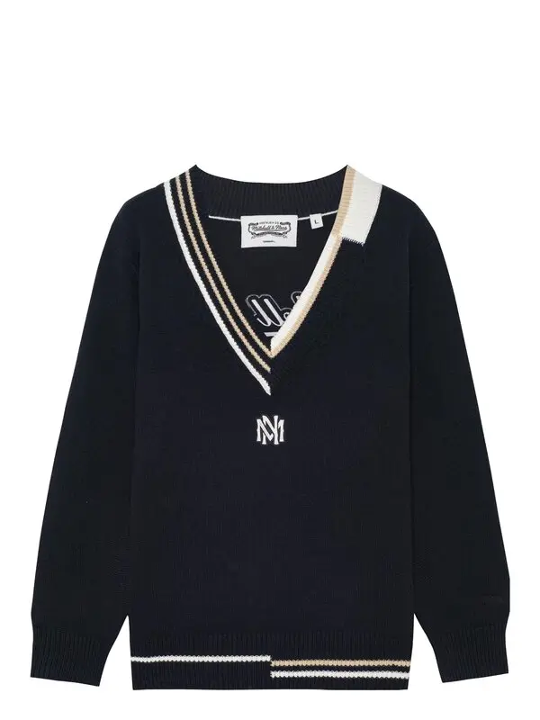 Mitchell & Ness Branded Contrasting V-neck Sweater - Black