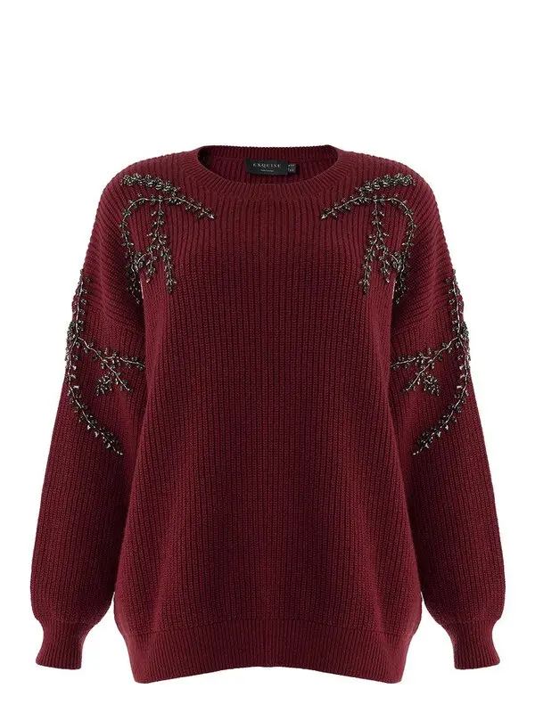 EXQUISE Grace Crew Neck Long Sleeve Sweater - Red