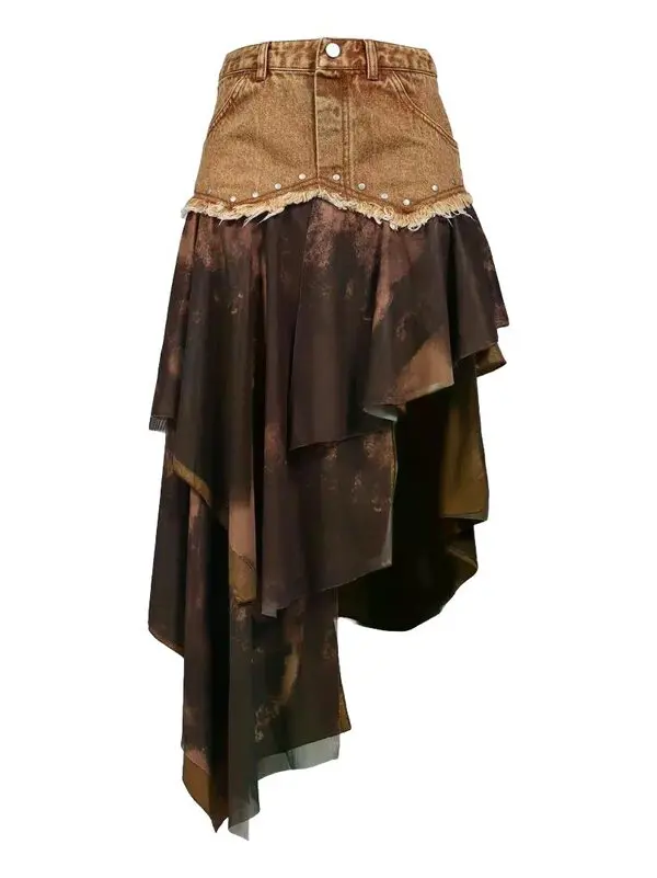 VIVAMUS Tiered Denim Midi Skirt - Brown