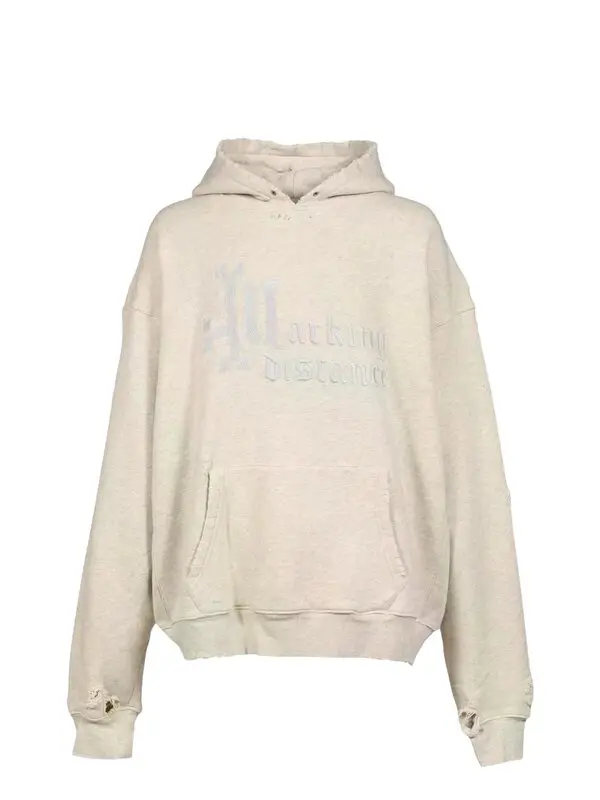 MARKING DISTANCE Logo-embroidered Distressed Hoodie - Neutrals