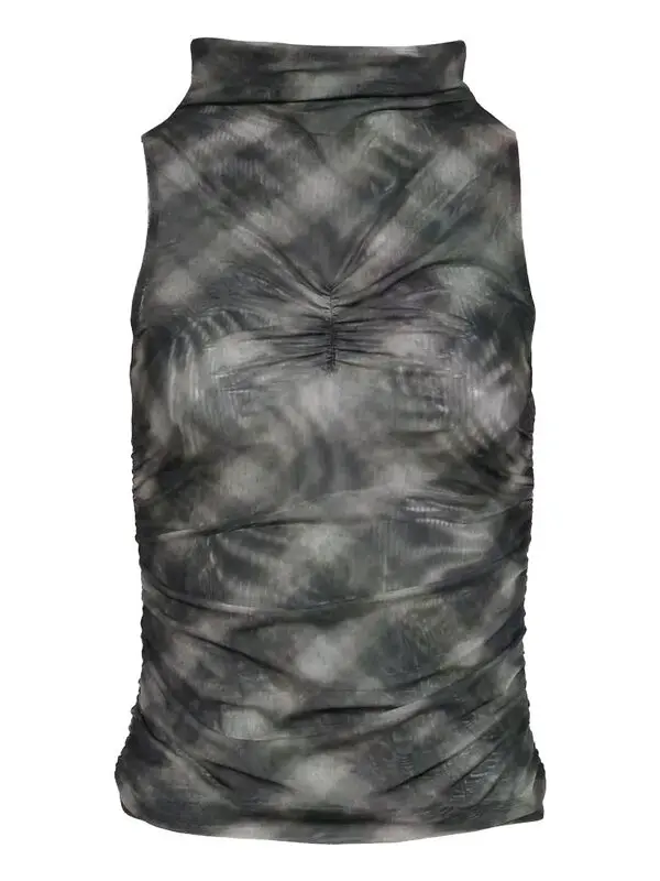 BOHEMSEO Check Pattern Sheer Mesh Sleeveless Top - Black
