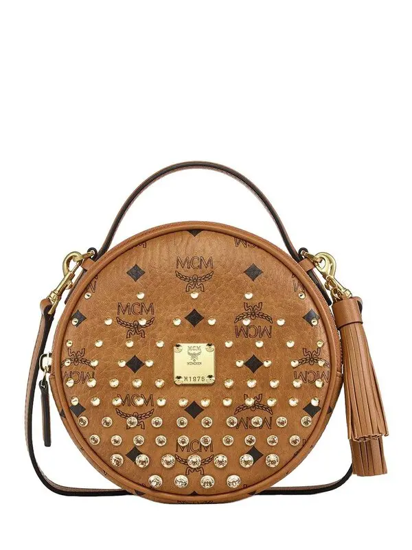 Mcm Pina Tambourine Crossbody In Gold Crystal Visetos - Cognac