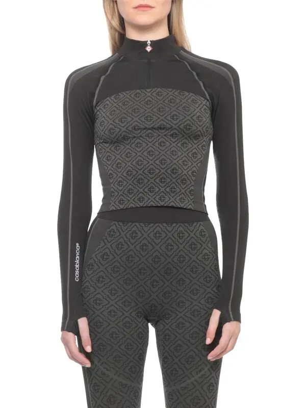 Casablanca Slim Fit Long-sleeve Sports Top With Mock Neck And Half-zip - Black