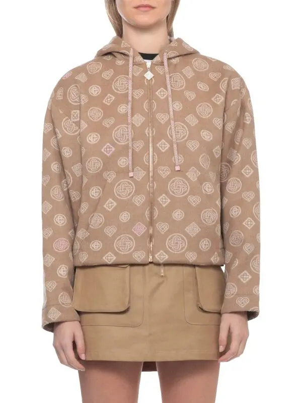Casablanca Virgin Wool Zip-up Hoodie With Kangaroo Pocket And Logo - Brown