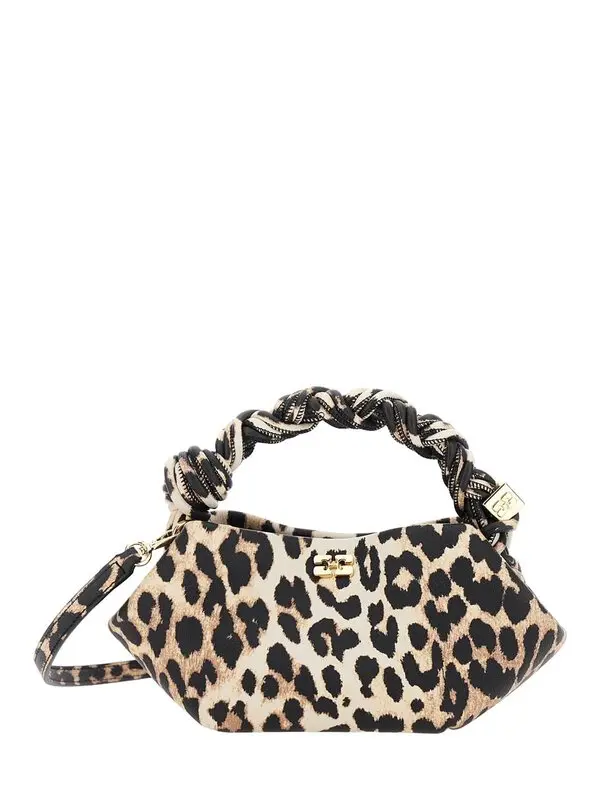 GANNI Bou' Brown Mini Handbag With Braided Handle And All-over Leopard Motif In Fabric - Multicolor