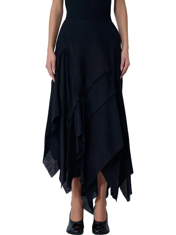 Yohji Yamamoto Gauzed Frilled Midi Skirt - Black