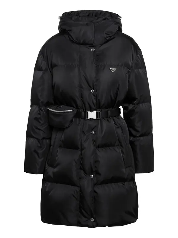 Prada Re-nylon Long Down Jacket With Belt Bag - Black