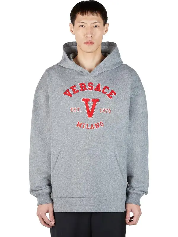 Versace Varsity Logo Patch Hooded Sweatshirt - Gray