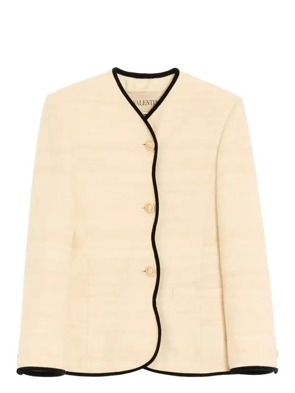 Valentino Garavani Silk Linen Canvas Contrasting Velvet Trim Blazer - Cream