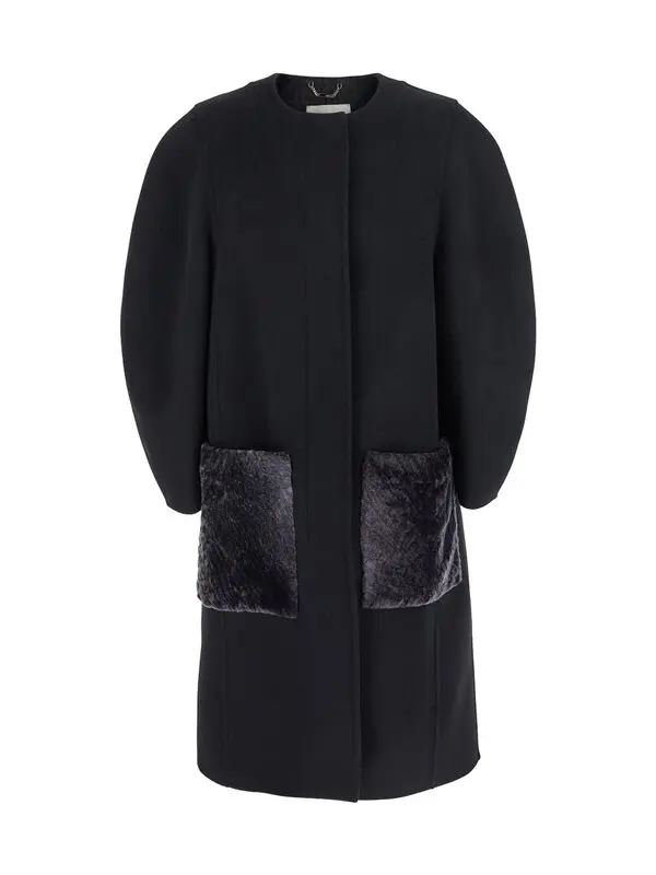 Fendi Black Crewneck Coat With Puffed Sleeves And Two Front Shearling Pockets In Wool Blend - Multicolor