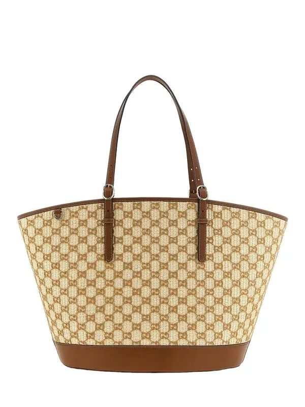 Gucci Large Raffia Tote Bag With Flocked Monogram And Double Handles - Brown