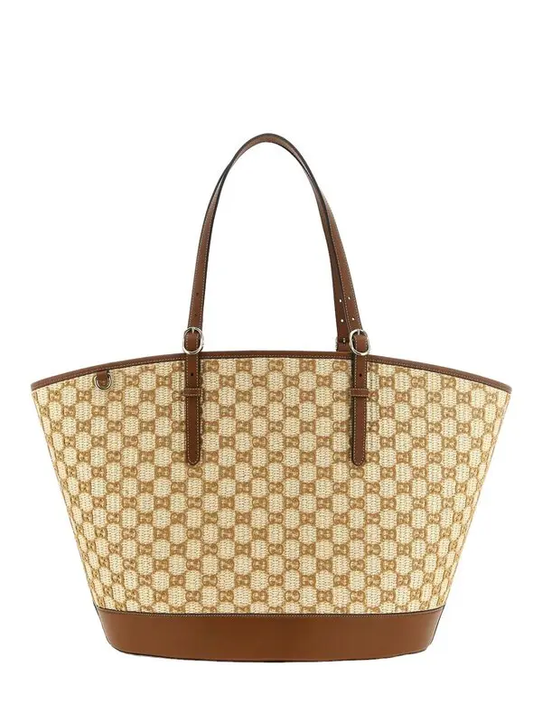 Gucci Large Raffia Tote Bag With Flocked Monogram And Double Handles - Brown