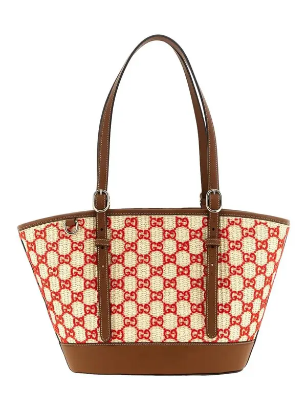Gucci Raffia Shoulder Bag With Embroidered Gg Monogram And Double Handles - Multicolor