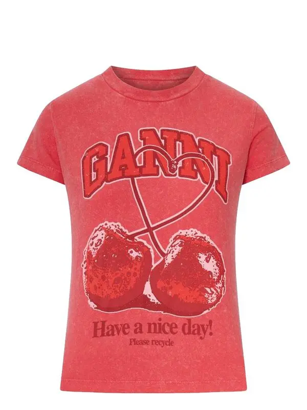 GANNI Jersey T-shirt With Front Logo - Red