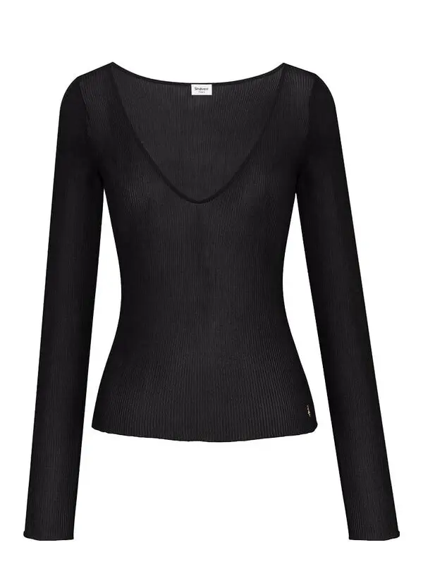 Saint Laurent Ribbed Silk V-neck Cassandre Top - Black