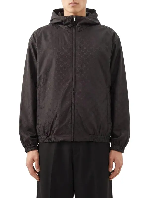 Gucci Gg Monogram Nylon Hooded Windbreaker Jacket - Black