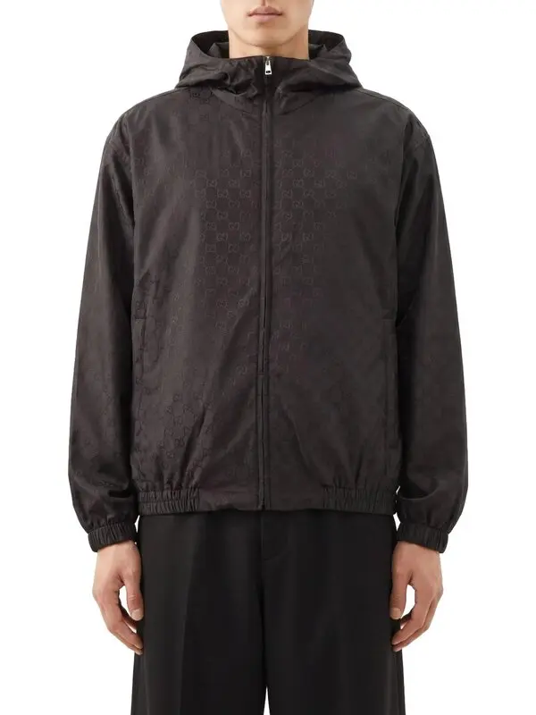 Gucci Gg Monogram Nylon Hooded Windbreaker Jacket - Black