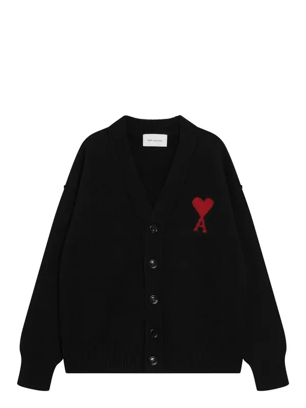 AMI Paris De Coeur Cardigan In Merino Wool Knit - Black