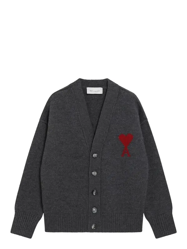 AMI Paris De Coeur Merino Wool Cardigan - Gray