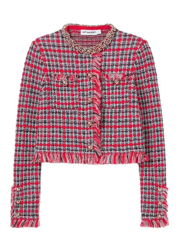 SELF-PORTRAIT Check Frayed Knit Jacket - Multicolor