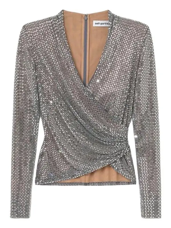SELF-PORTRAIT Rhinestone Mesh Wrap Top - Multicolor