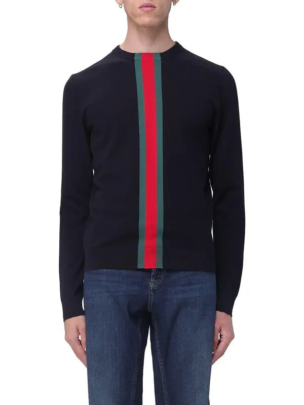 Gucci Striped Cotton Crew-neck Jumper With Web Detail - Blue