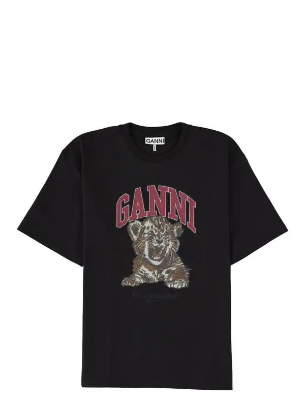 GANNI Tiger Print Cotton T-shirt - Black
