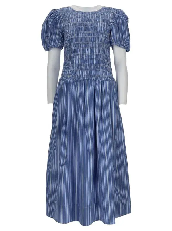 GANNI Striped Organic Cotton Dress - Blue