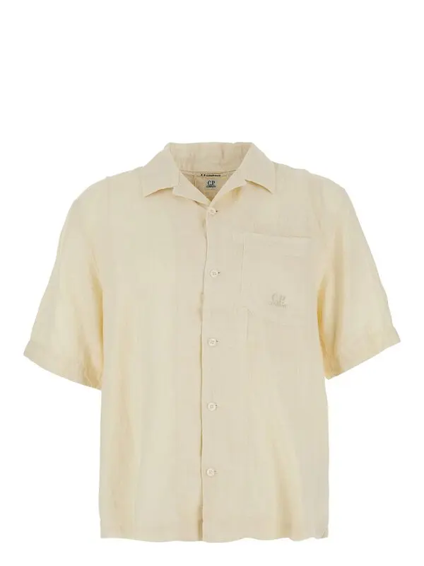 C.P. COMPANY Beige Shirt With Logo Print On The Front In Linen - Multicolor