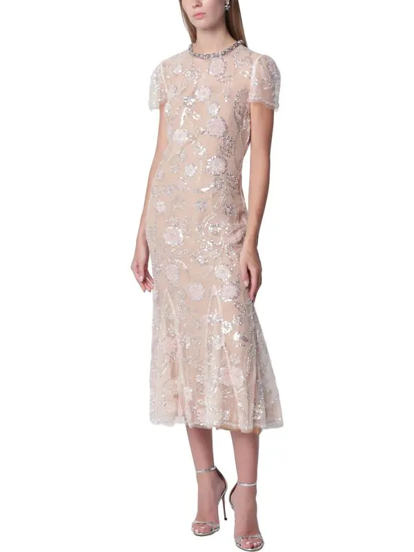 SELF-PORTRAIT Floral Sequin Midi Dress - Pink