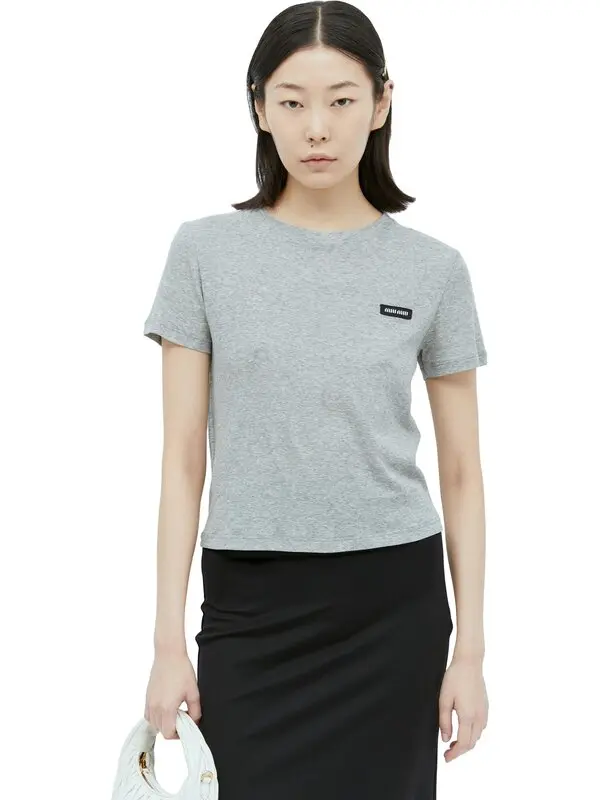 Miu Miu Logo Patch Cotton Jersey T-shirt - Gray