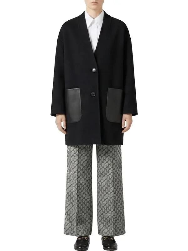 Gucci Wool Coat With Leather Patch Pockets - Black