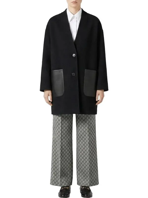 Gucci Wool Coat With Leather Patch Pockets - Black
