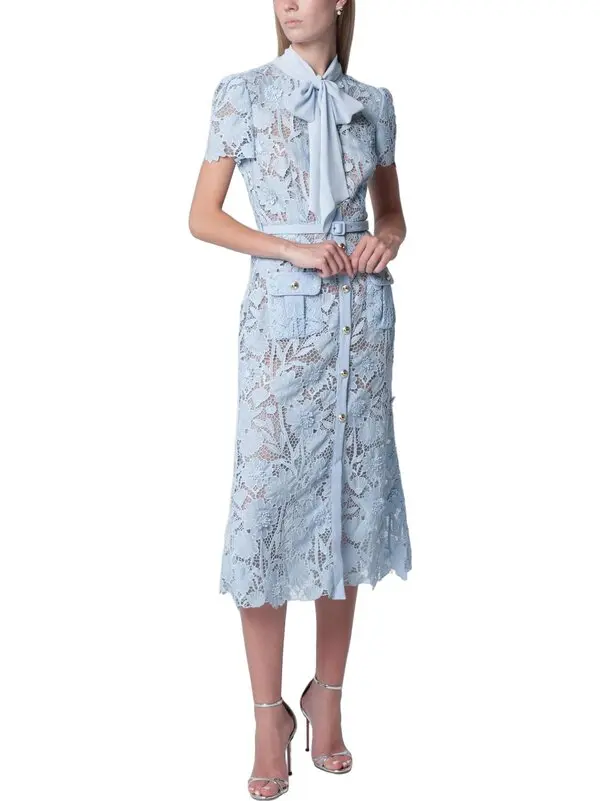 SELF-PORTRAIT Tie-neck Lace Midi Dress - Blue